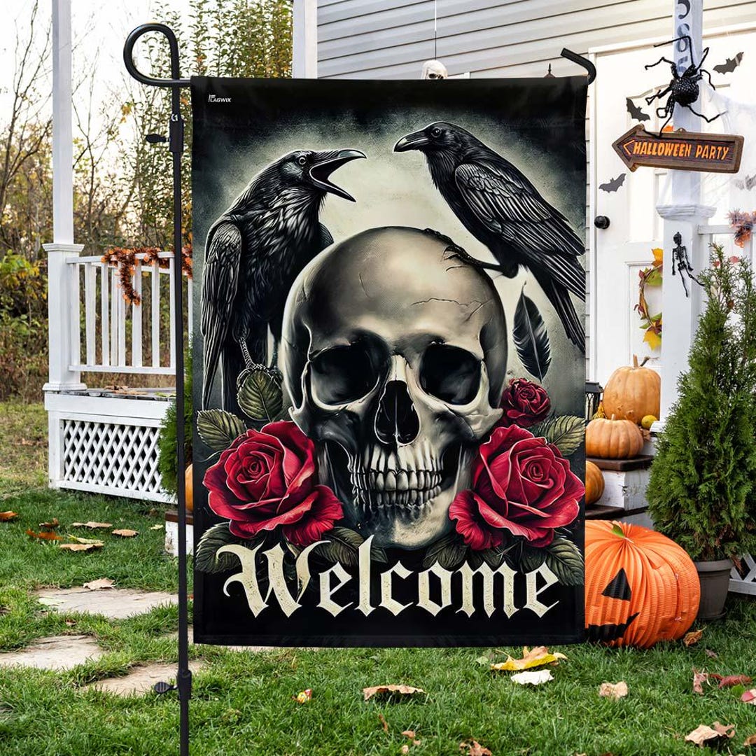 Raven Skull Halloween Flag, Halloween Garden Flag, Spooky Seasons Flag ...