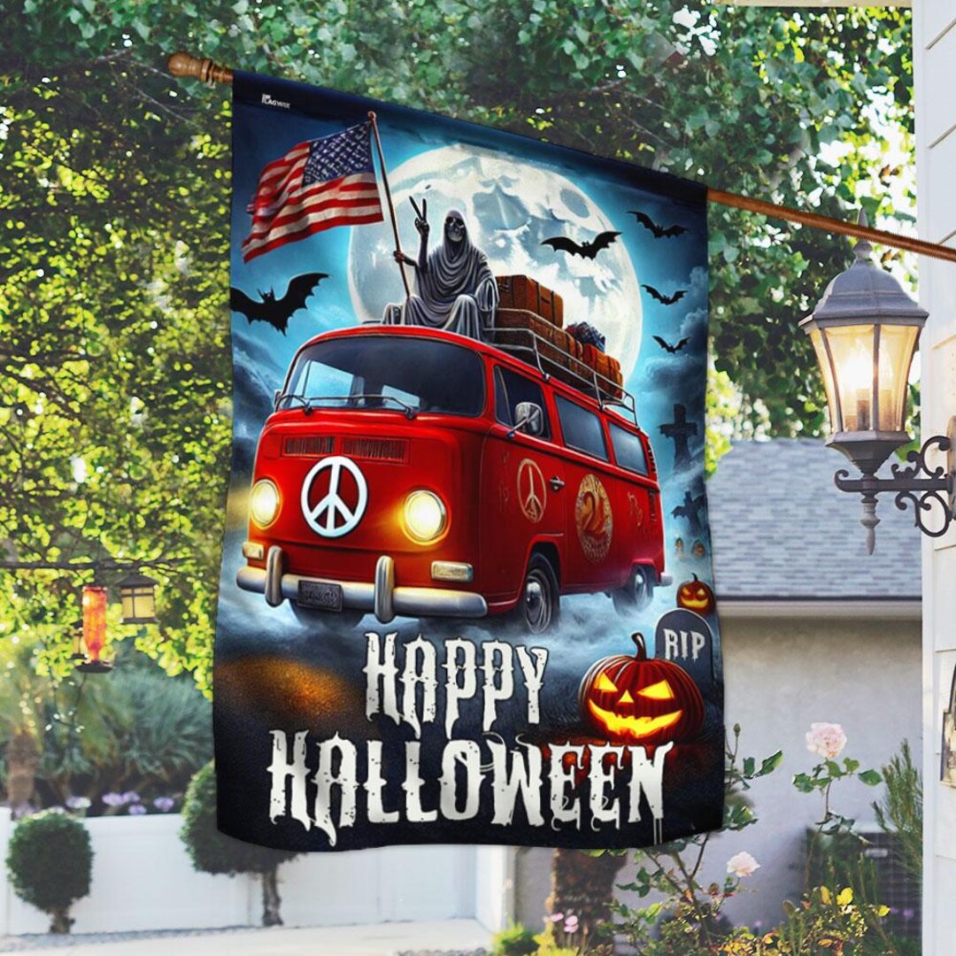Halloween Grim Reaper Hippie Van Flag, Halloween Garden Flag, Spooky ...