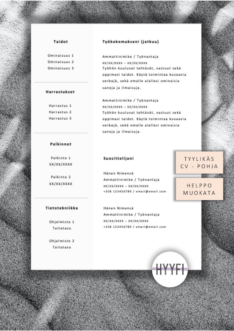 CV - Pohja Word - Tiedostona | Siisti & Tyylikäs Ulkoasu | Helposti ...