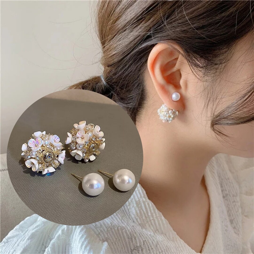 Front Back Pearl Earrings, Vintage Pearl Earrings, Pearl Ball Hydrangea ...