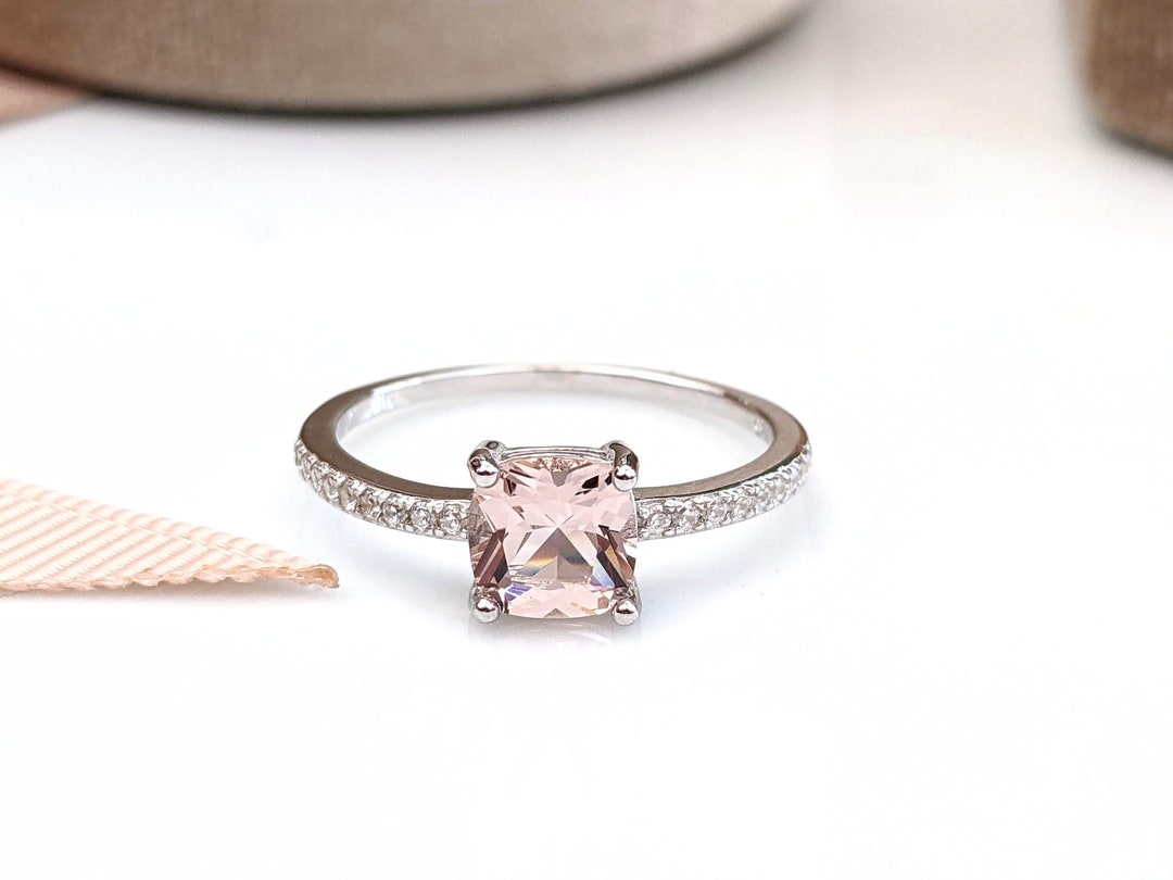 Cushion Cut Morganite Ring, Sterling Silver Created Morganite Ring ...