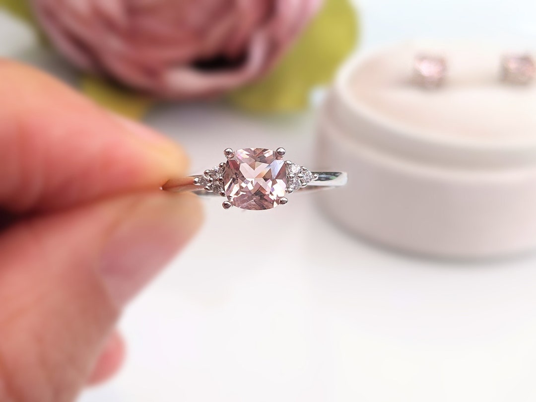 Cushion Cut Morganite Ring, Sterling Silver Created Morganite Ring ...