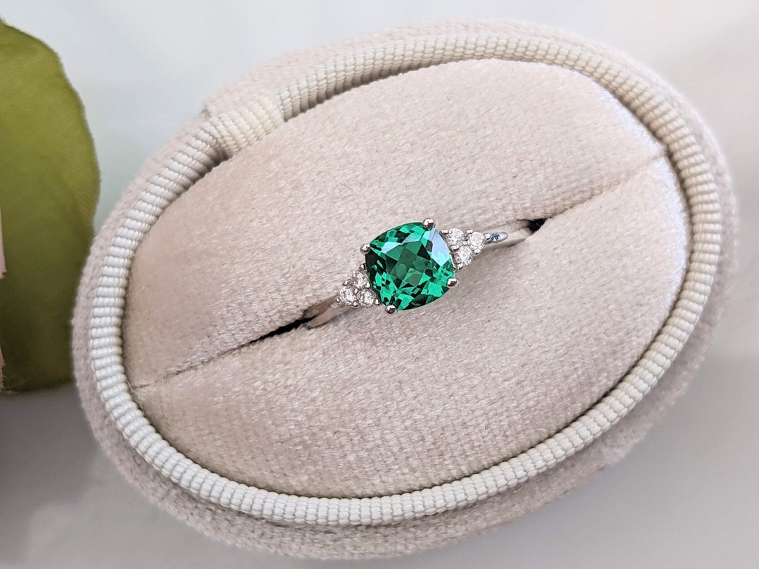 Cushion Cut Emerald Ring, Sterling Silver Created Emerald, Green ...