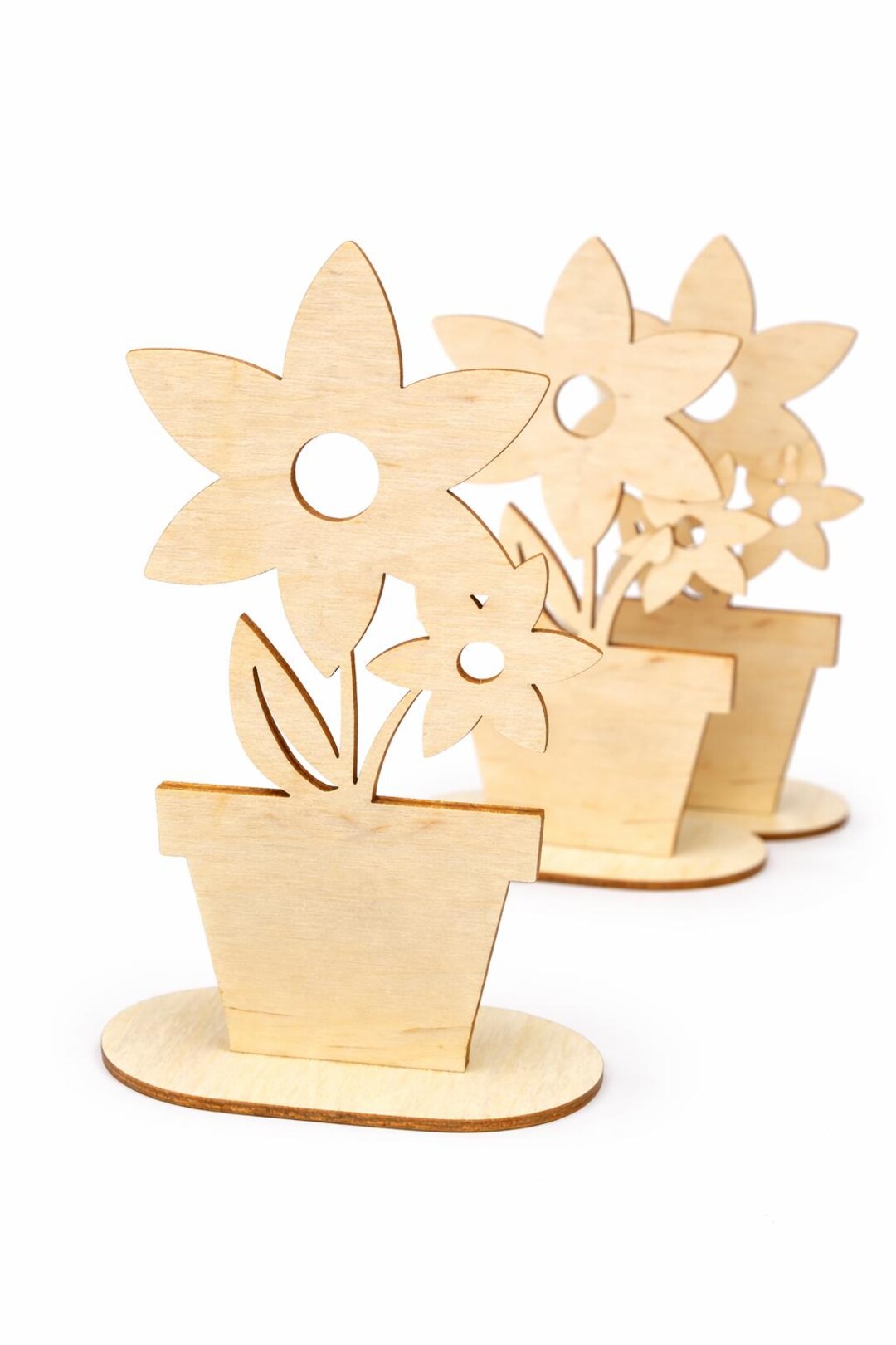 Wooden Flower in Pot Decor Laser Cut Plywood Rustic DIY Craft Set of 20 ...