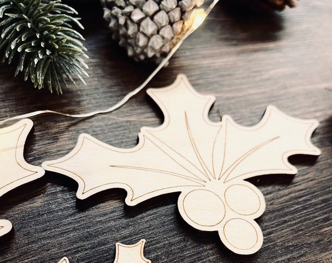10x Wooden Holly Leaves & Berries Craft Shapes 3mm Plywood Christmas ...