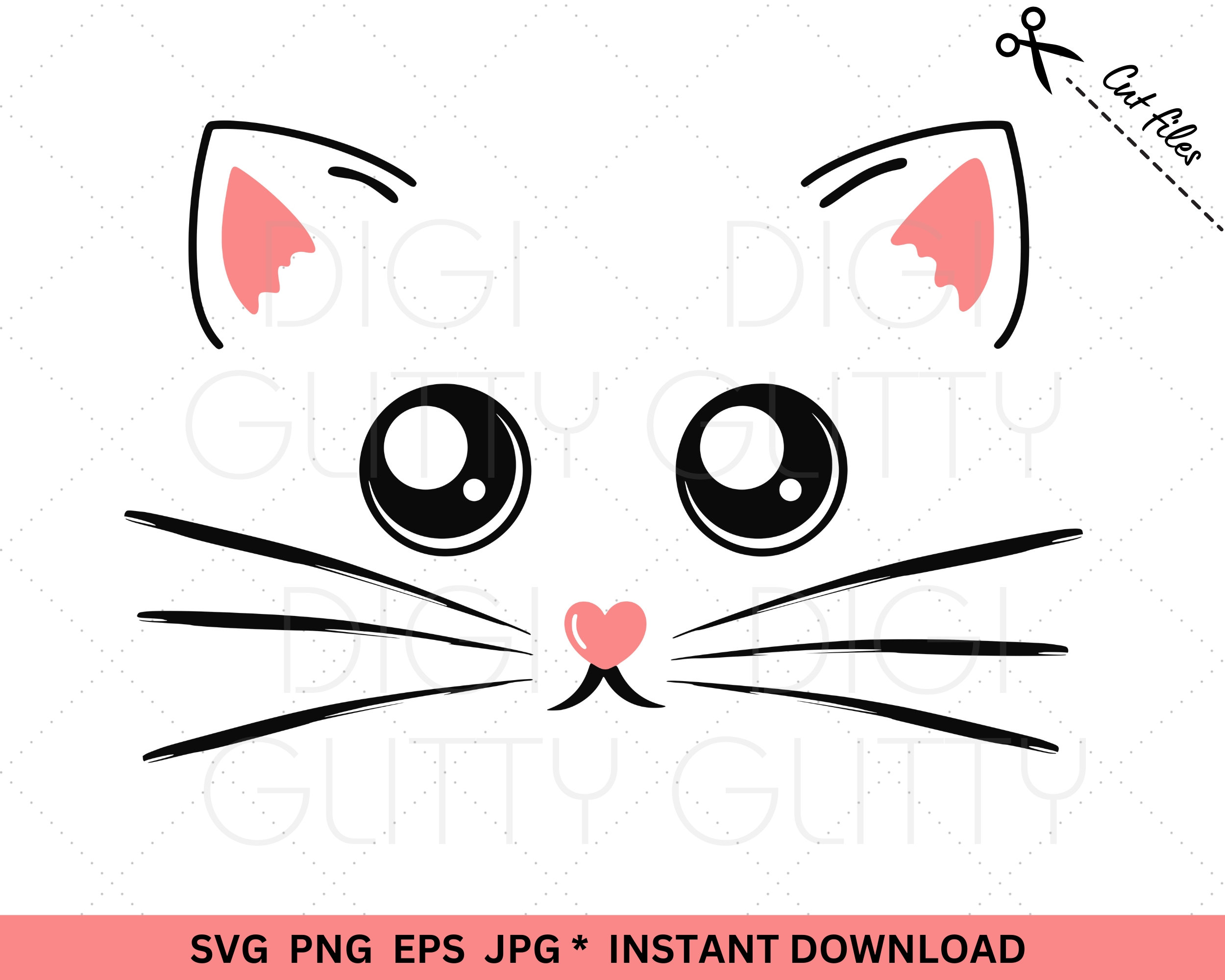 Cat Face Svg, Cut File of Cute Cat With Big Eyes and Whiskers, Instant ...