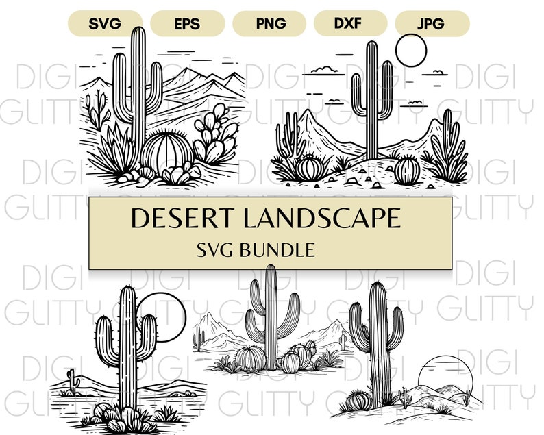 Desert Landscape SVG Bundle - 5 Line Art Vectors for Cricut, Silhouette ...