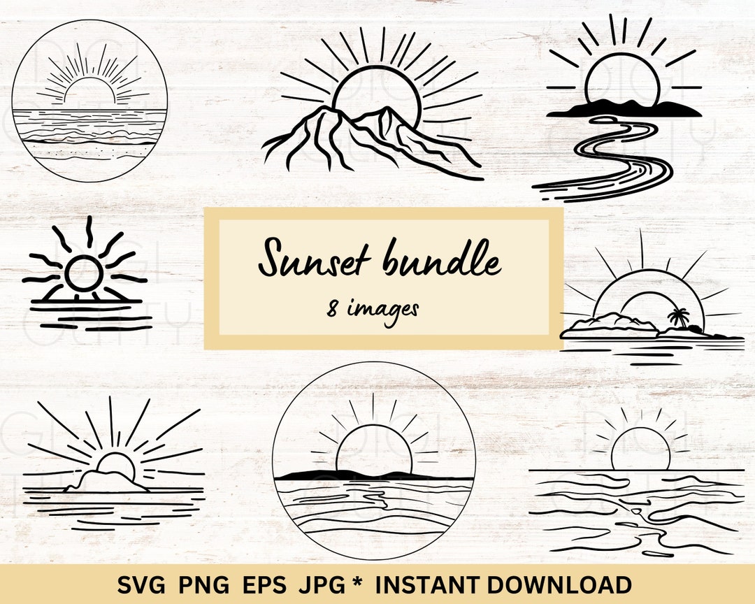 Sunset Svg Bundle Line Art. 8 Different Clipart Sun Designs, Commercial ...