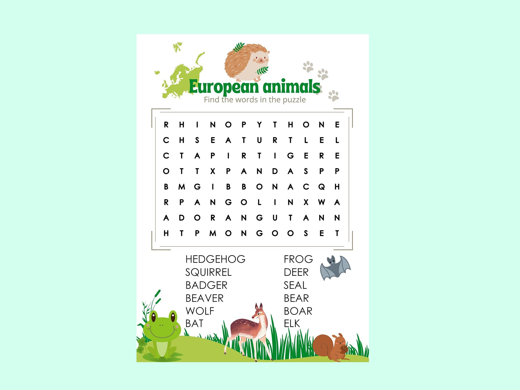 Educational Word Search Puzzle Bundle for Children: Animals of 6 ...