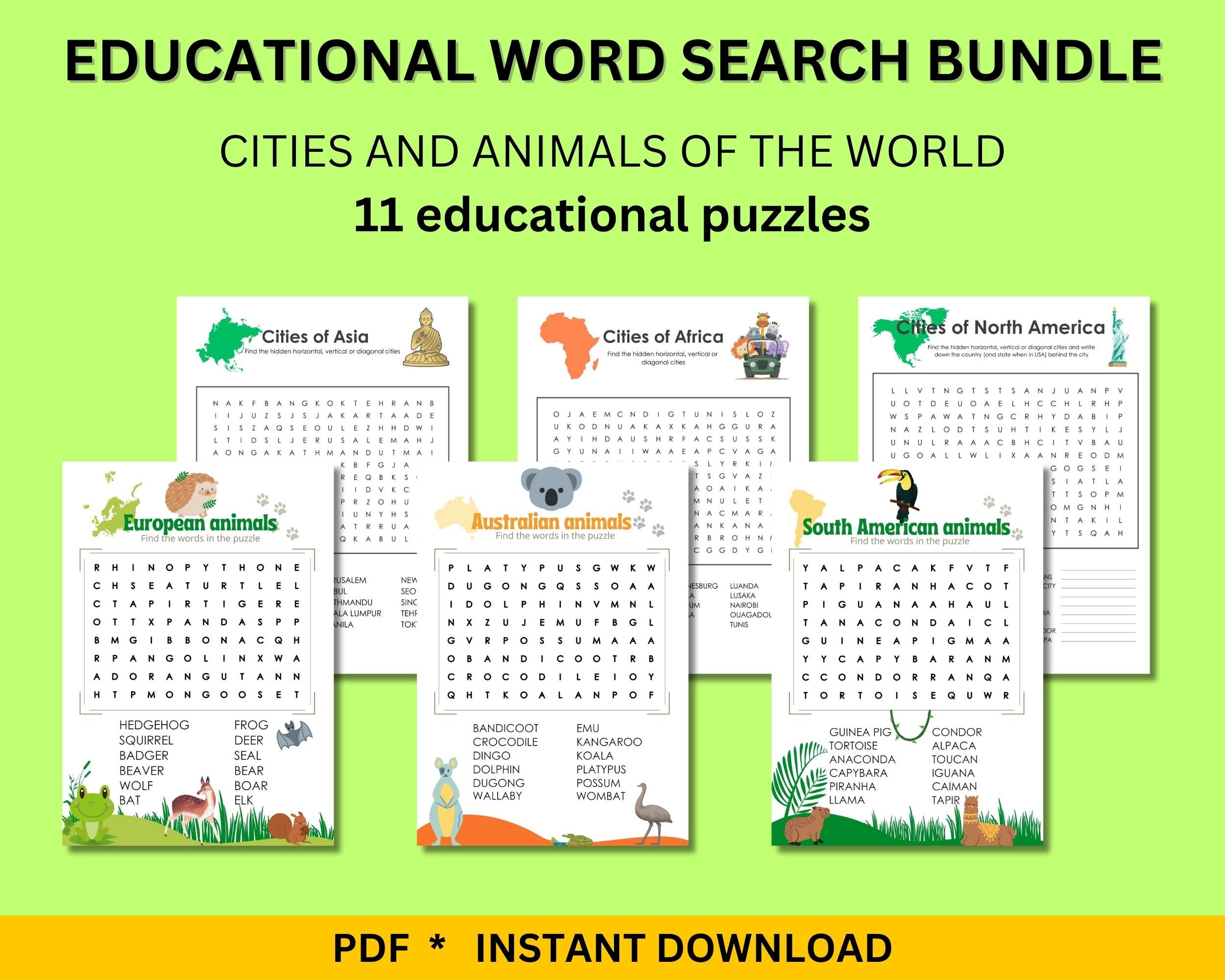 Word Search Printable Puzzle Animals and Cities of the World | Instant ...