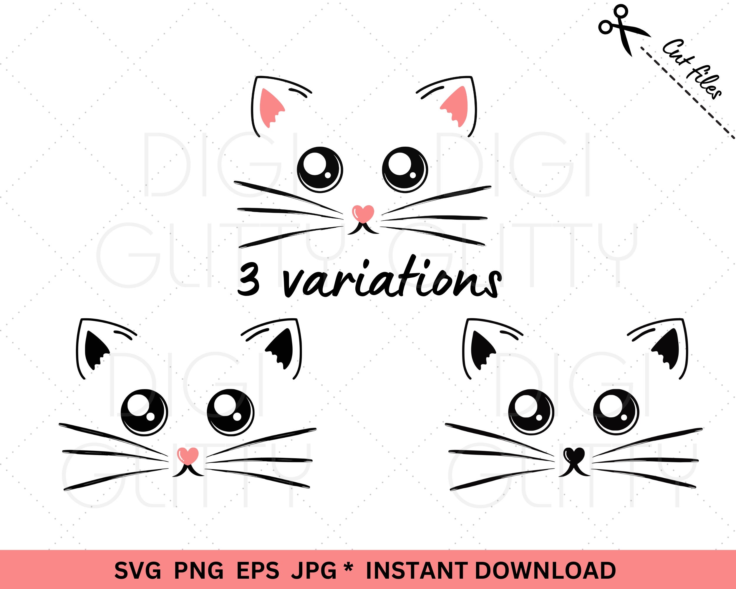Cat Face Svg, Cut File of Cute Cat With Big Eyes and Whiskers, Instant ...