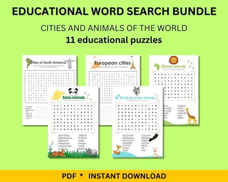 Word Search Printable Puzzle Animals and Cities of the World - Etsy