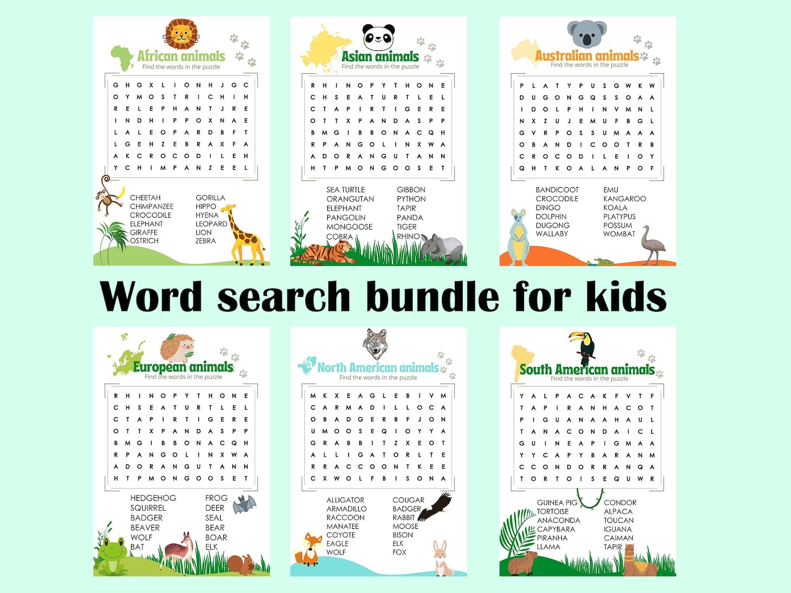 Educational Word Search Puzzle Bundle for Children: Animals of 6 ...