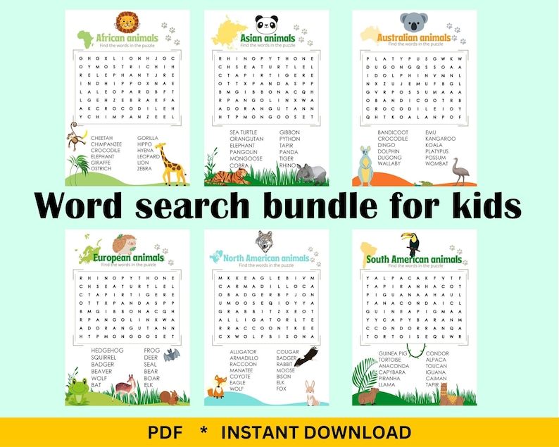 Educational Word Search Puzzle Bundle for Children: Animals of 6 ...