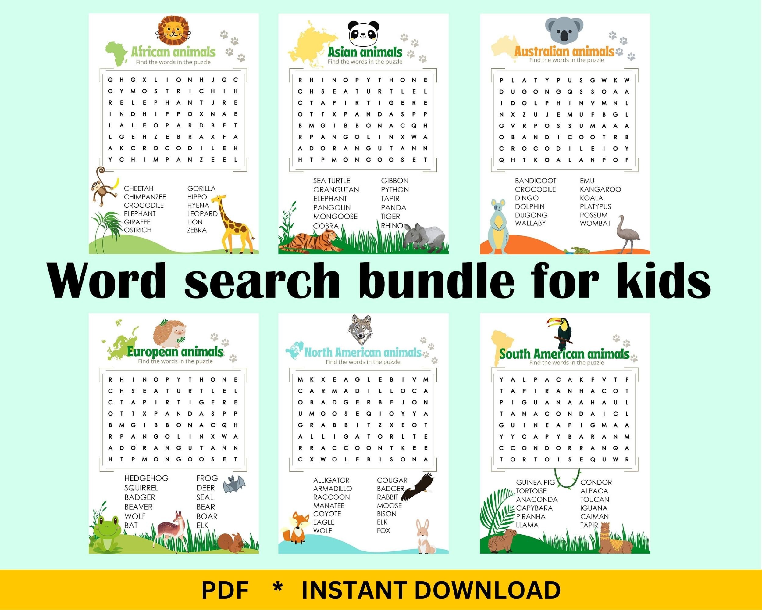Educational Word Search Puzzle Bundle for Children: Animals of 6 ...
