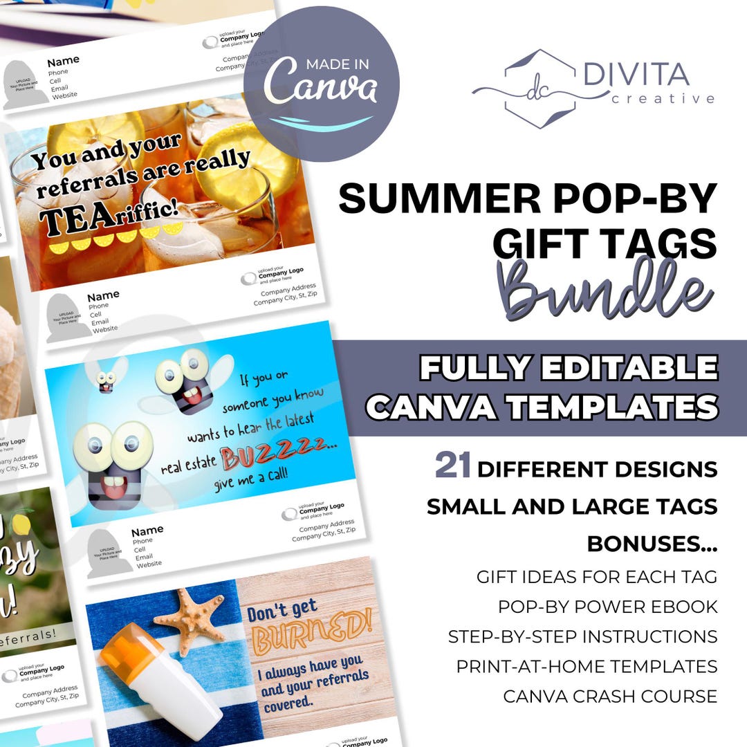Summer Pop-by Gift Tags BUNDLE, Edit-in-canva, Real Estate Marketing ...
