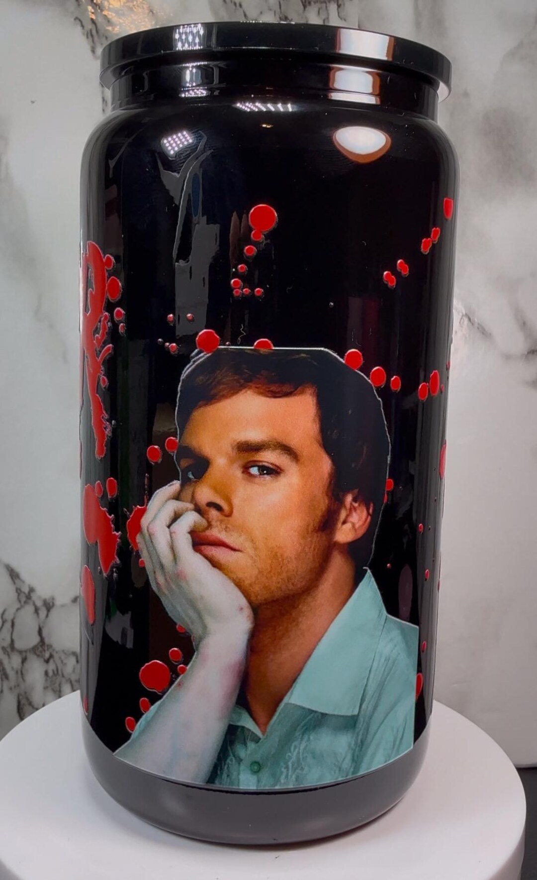 Dexter UVDTF on a Black Beer Can Glass - Etsy