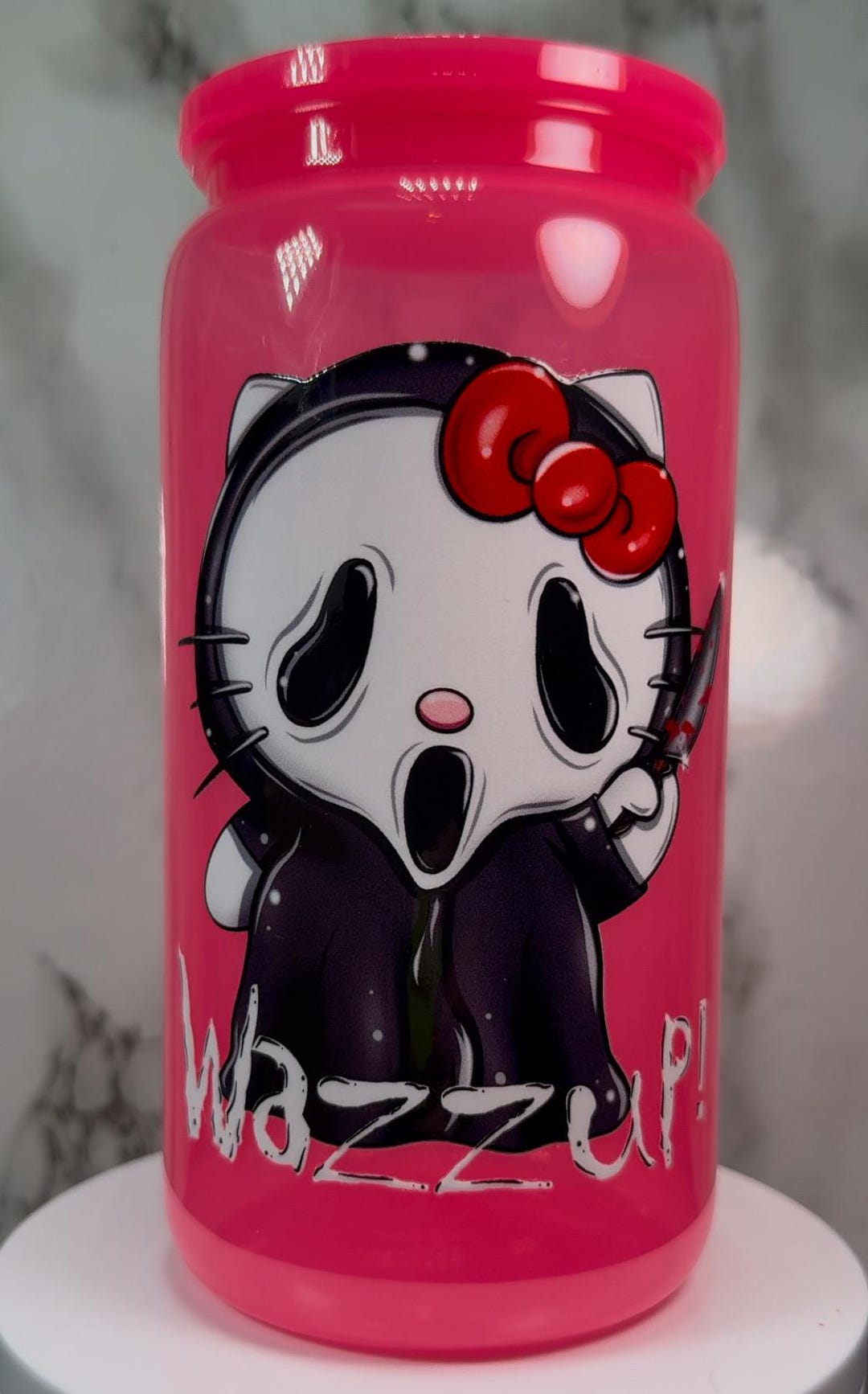 Ghostface Hello Kitty Wazzup UVDTF on a Plastic Hot Pink Beer Can Cup ...