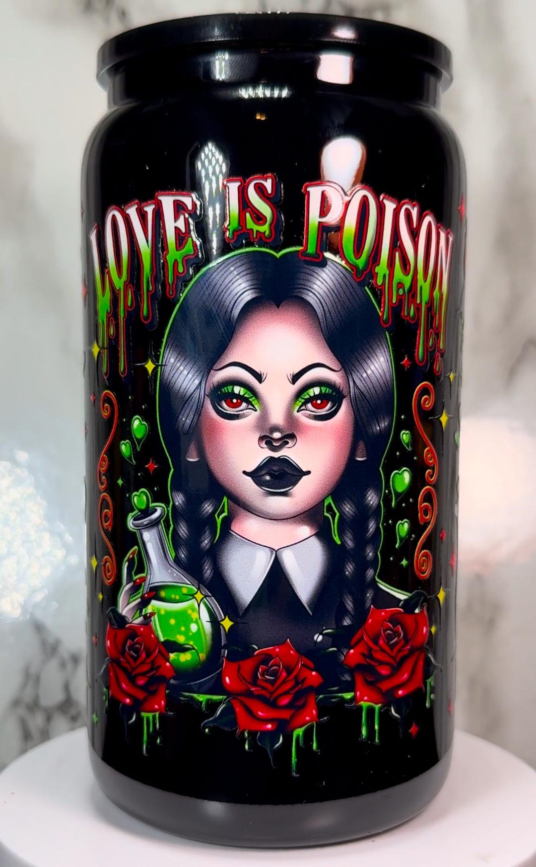 Wednesday Addams Love is Poison Valentines Day UVDTF on a Black Beer ...