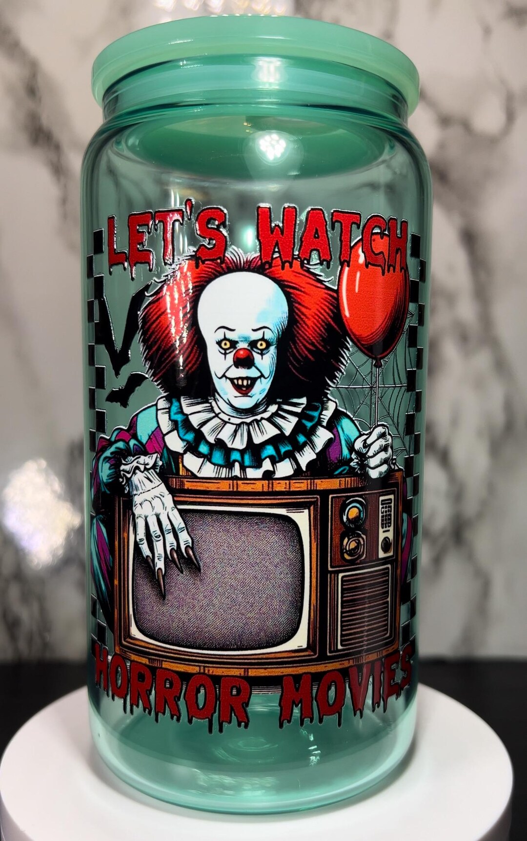 Pennywise Lets Watch Horror Movies UVDTF on a Teal Beer Can Glass - Etsy