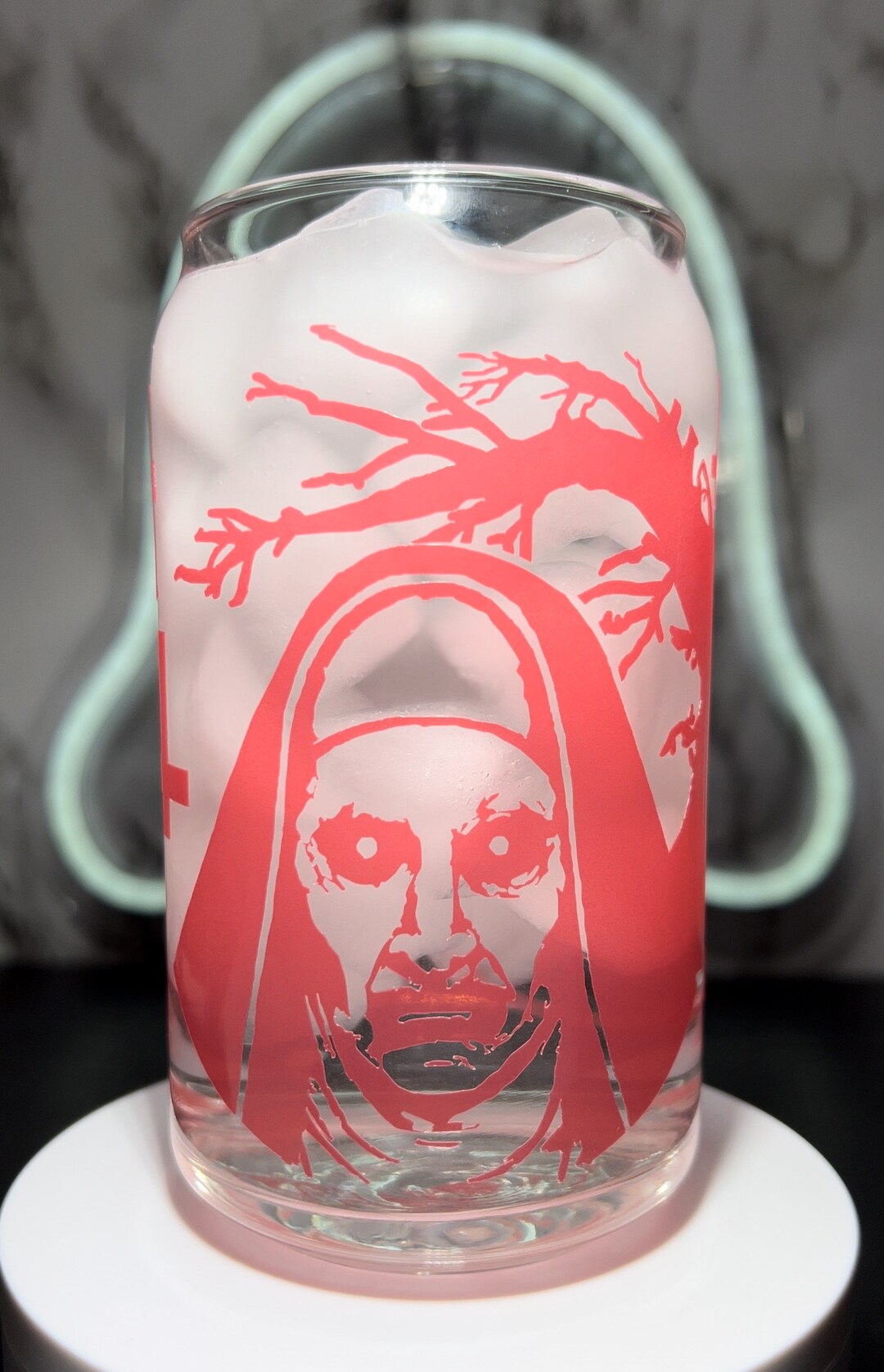Valak the Nun Color Changing Red Permanent Vinyl on a Libbey Beer Can ...