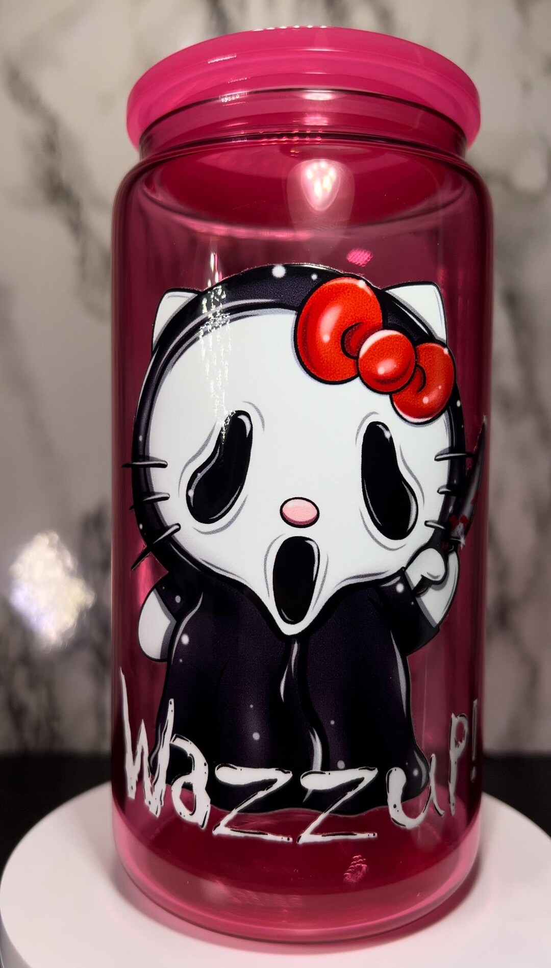 Ghostface Hello Kitty Wazzup/no You Hang up UVDTF on a Hot Pink/light ...