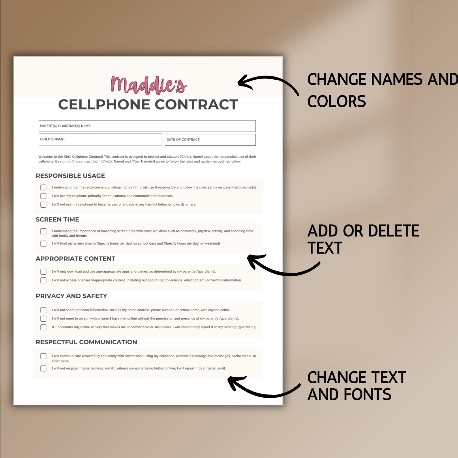 Cell Phone Contract Printable Digital Download, Editable Kid/teen Cell ...