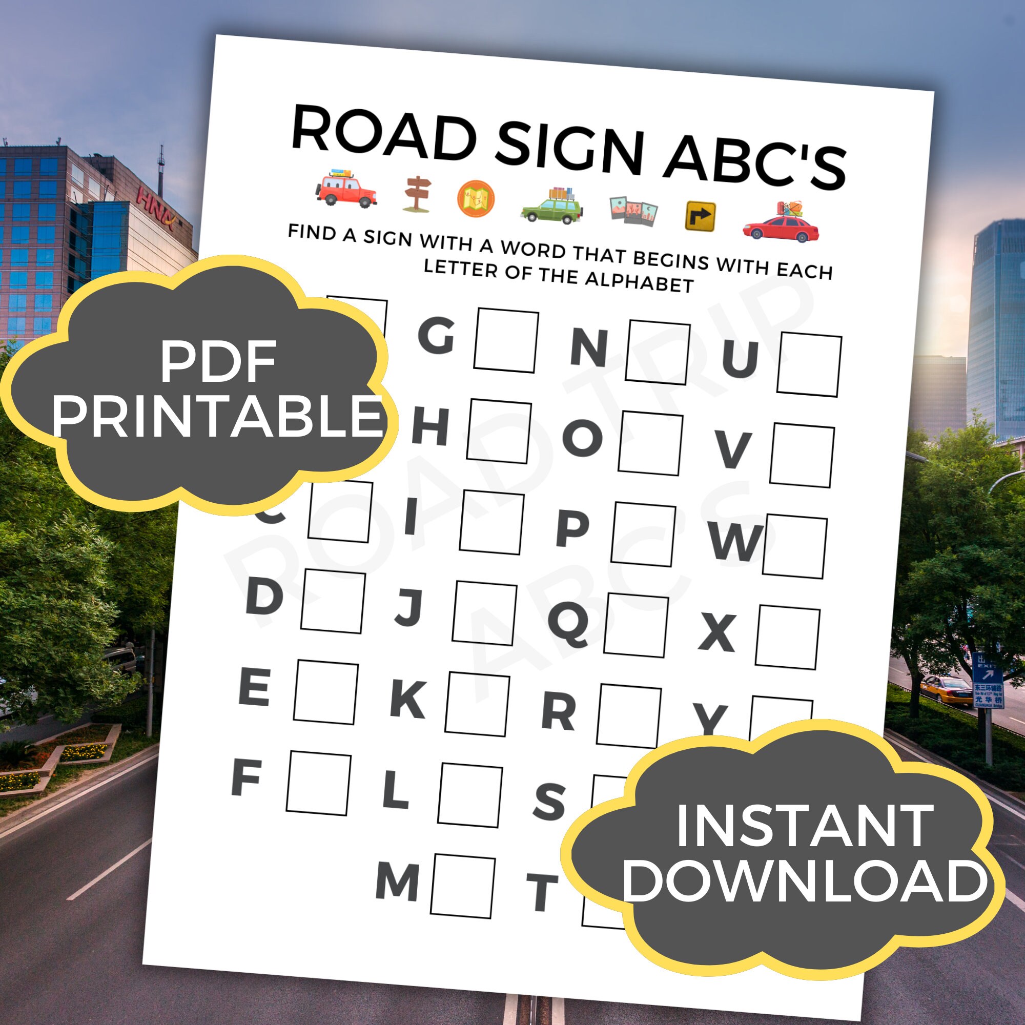 Road Sign Abc's Printable Road Trip Activity Sheet for Kids, Childrens ...