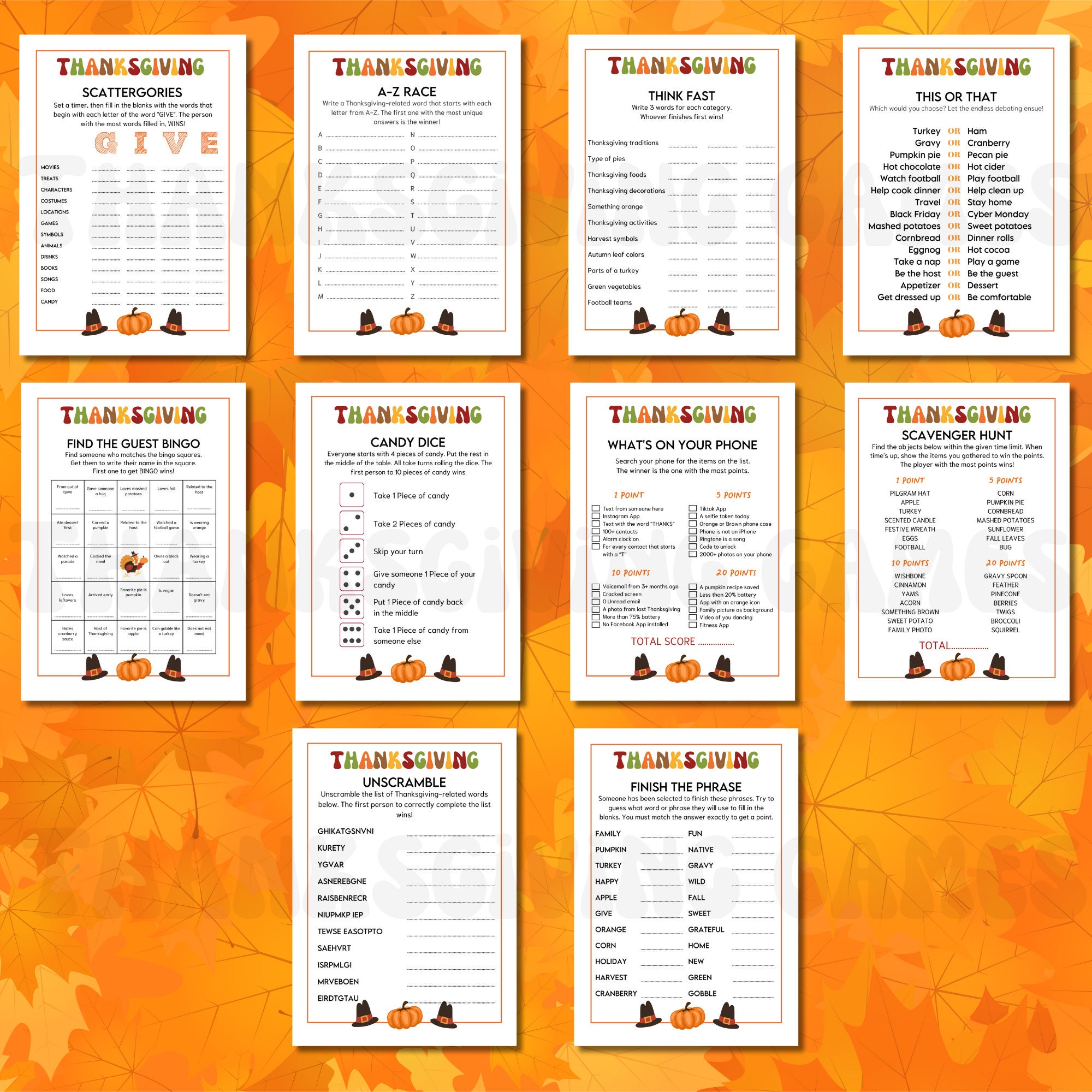 Thanksgiving Printable Games, Family Game Night, Dinner Table Games ...