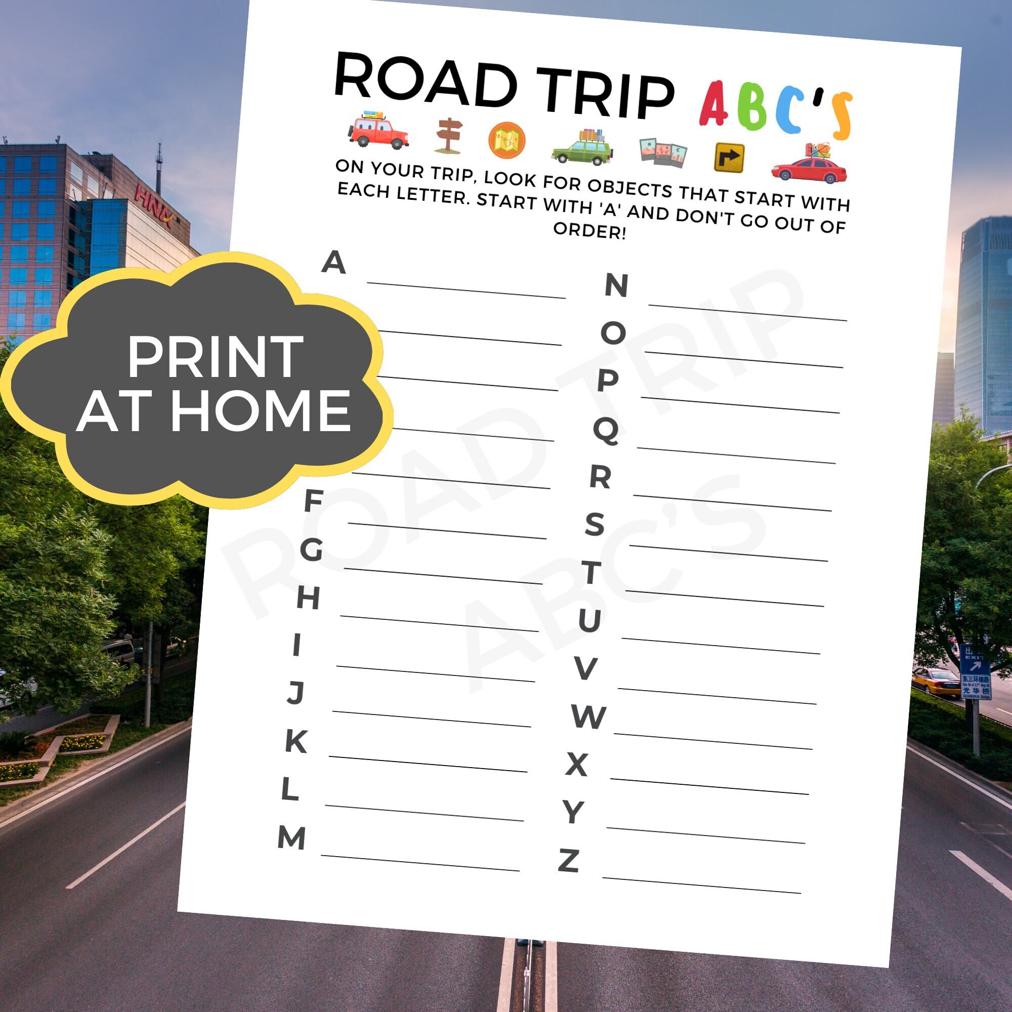 Road Trip Activity Sheet for Kids, Road Trip Abc's Printable Game for ...
