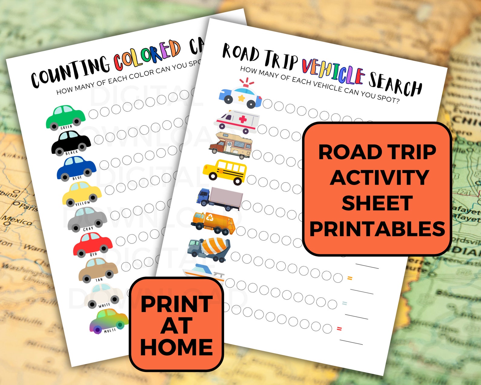 Road Trip Activity Printables for Kids, Count Cars Trucks Game ...