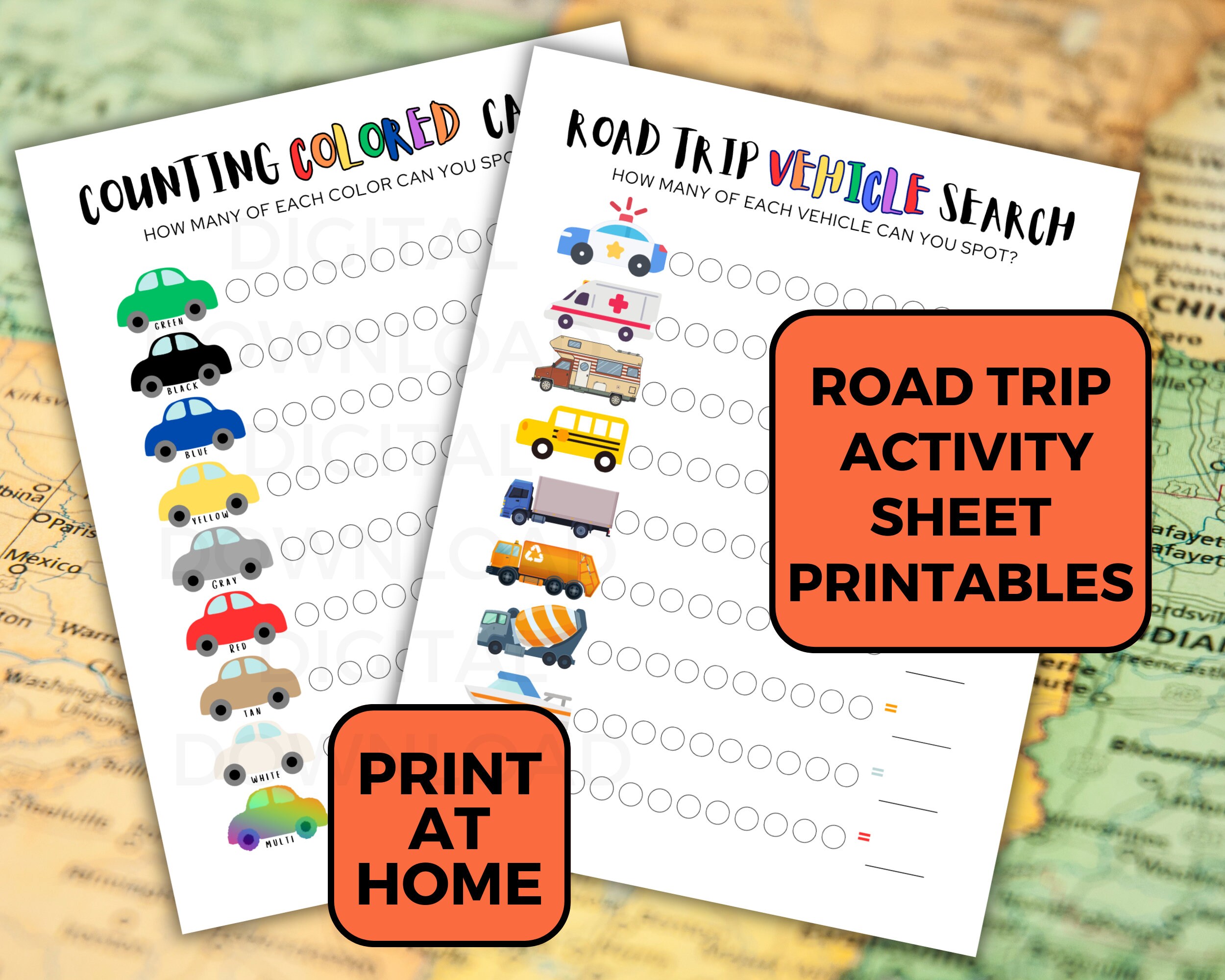 Road Trip Activity Printables for Kids, Count Cars Trucks Game ...