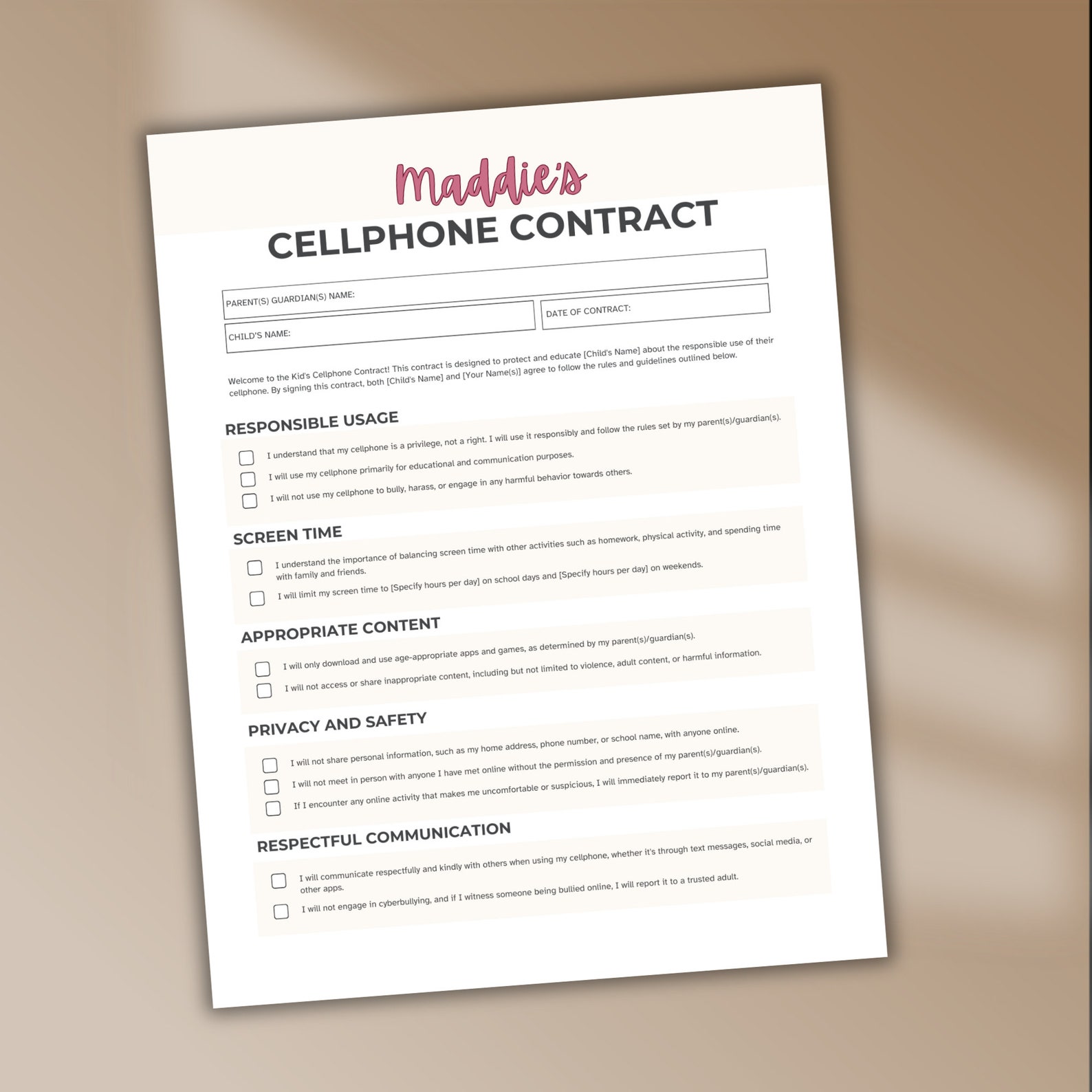 Cell Phone Contract Printable Digital Download, Editable Kid/teen Cell ...