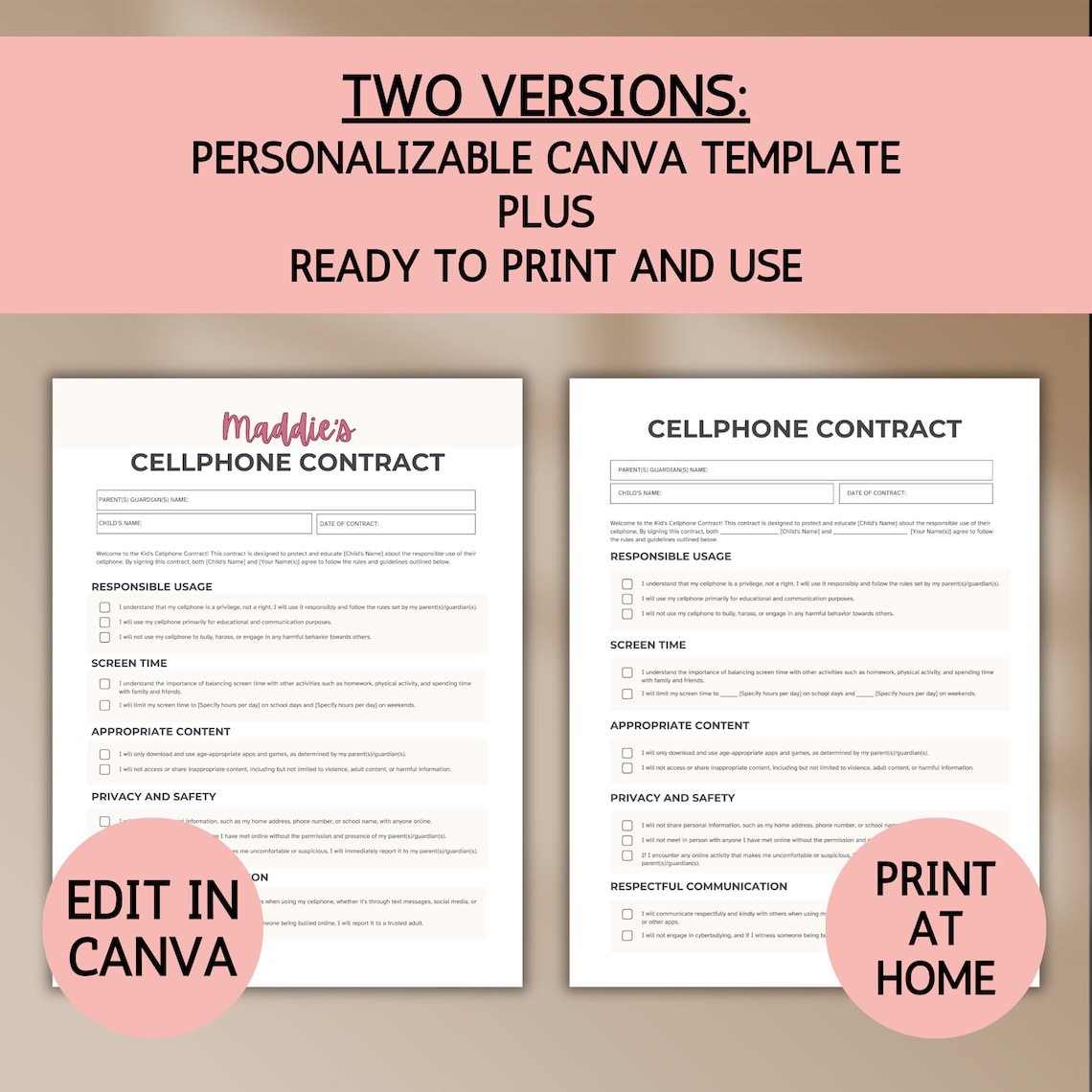 Cell Phone Contract Printable Digital Download, Editable Kid/teen Cell ...