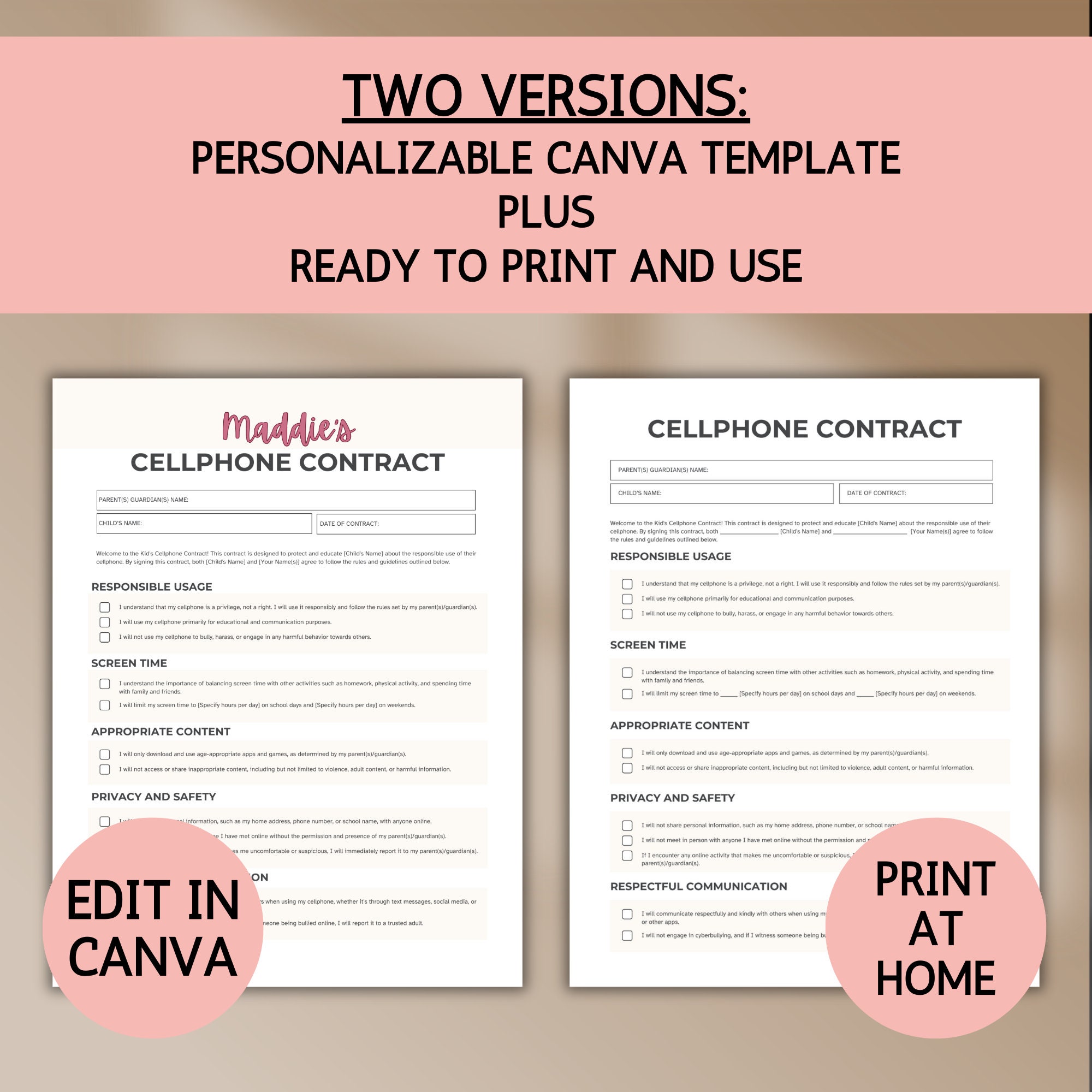Cell Phone Contract Printable Digital Download, Editable Kid/teen Cell ...