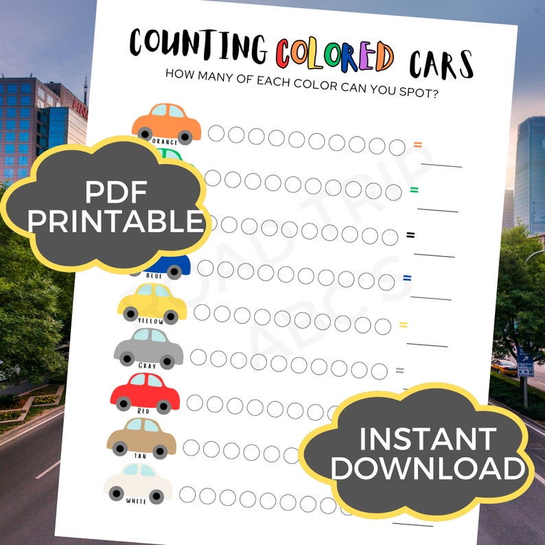 Road Trip Activity Sheet for Kids, Count Car Colors Printable Game for ...