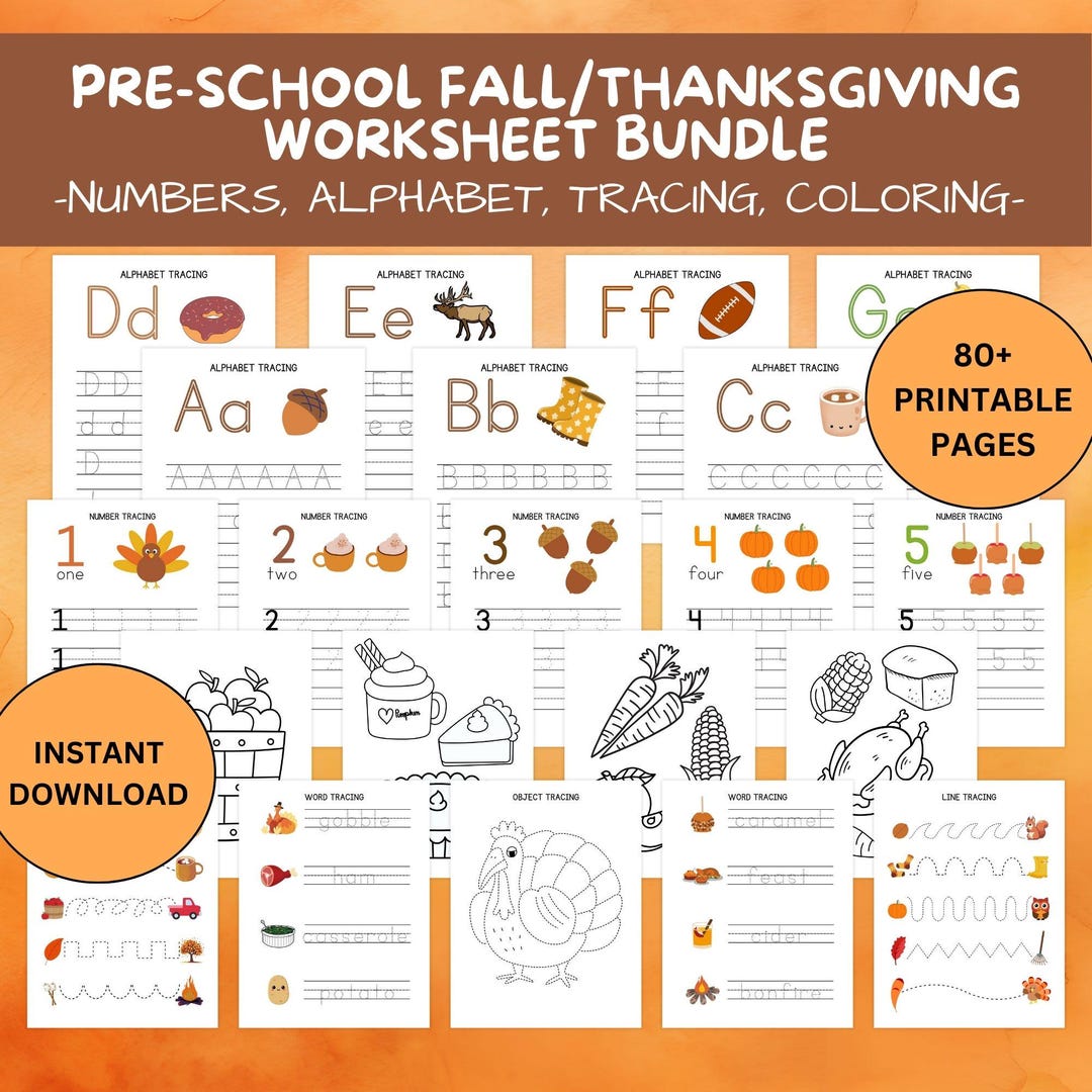 Thanksgiving Preschool ABC Worksheet Bundle Numbers Alphabet Tracing ...