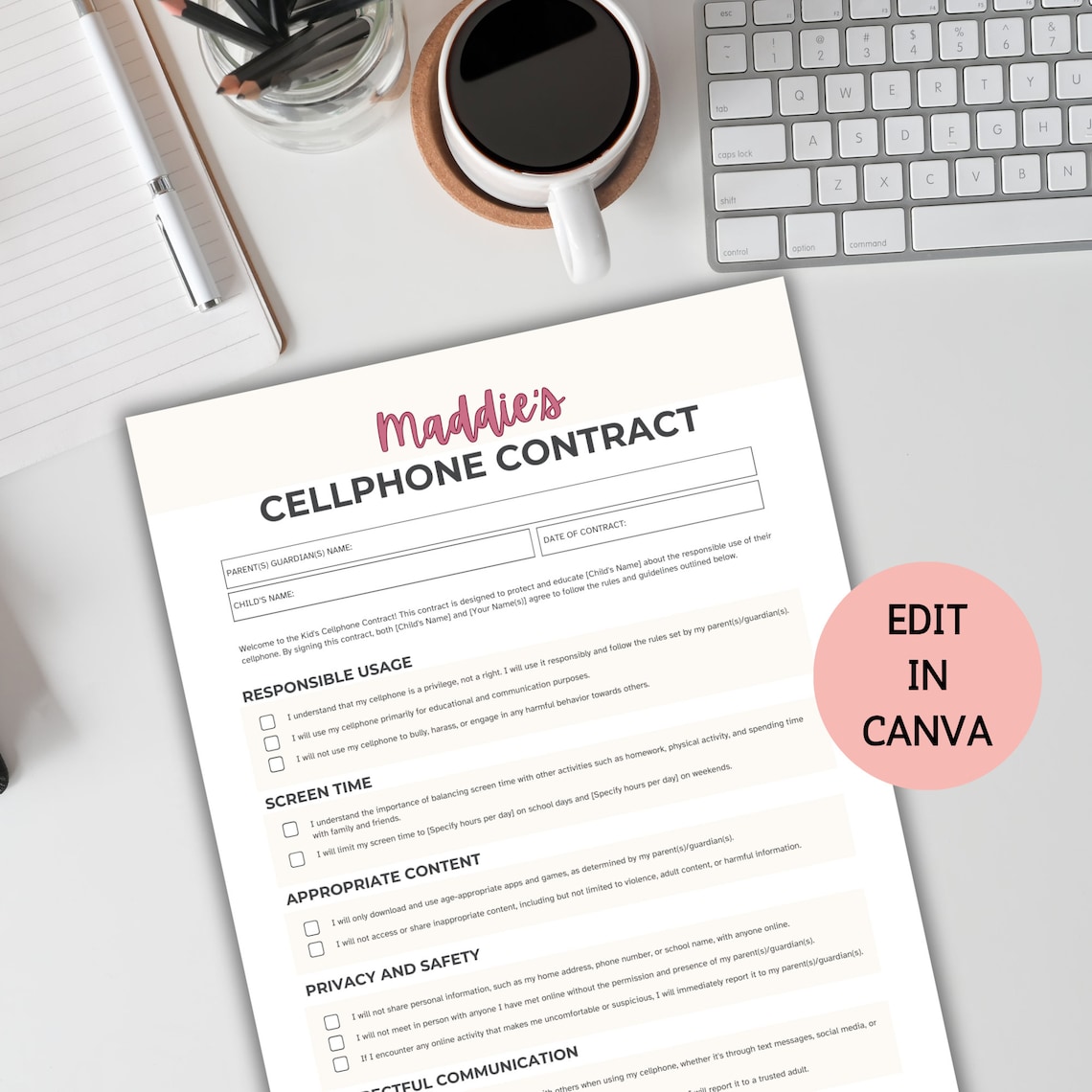 Cell Phone Contract Printable Digital Download, Editable Kid/teen Cell ...