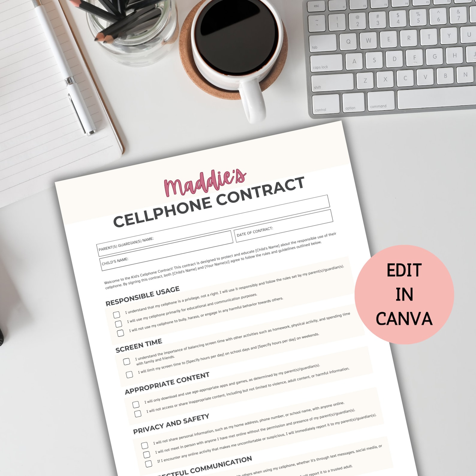 Cell Phone Contract Printable Digital Download, Editable Kid/teen Cell ...