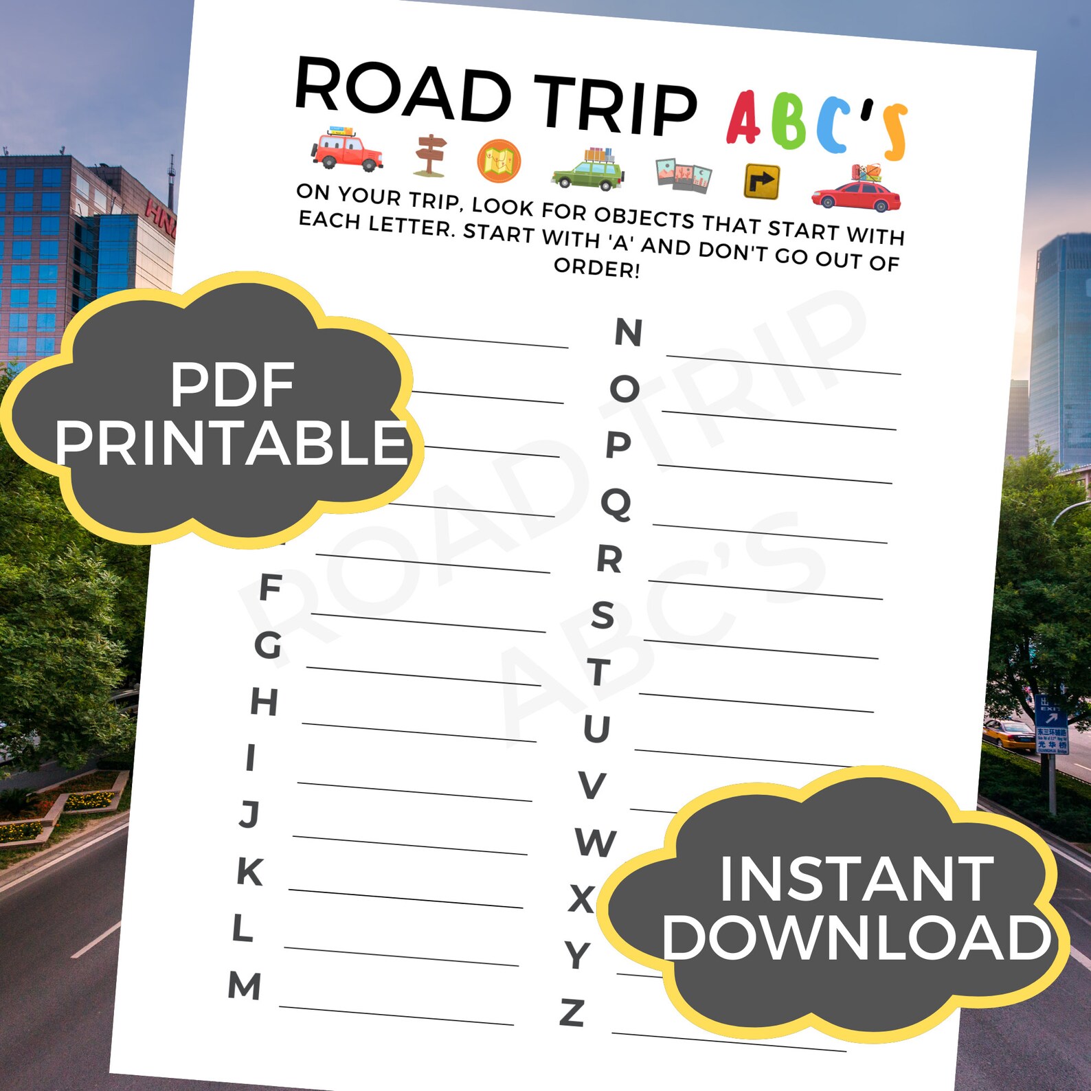 Road Trip Activity Sheet for Kids, Road Trip Abc's Printable Game for ...