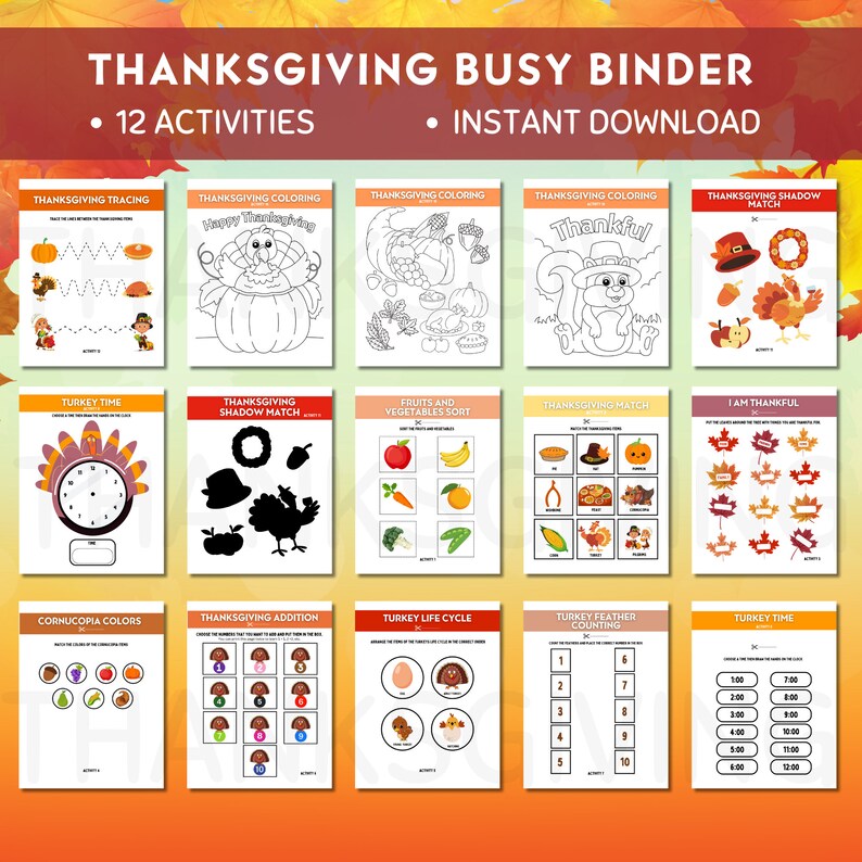 Thanksgiving Busy Book Printable Kids Activity Binder Preschool Fall ...