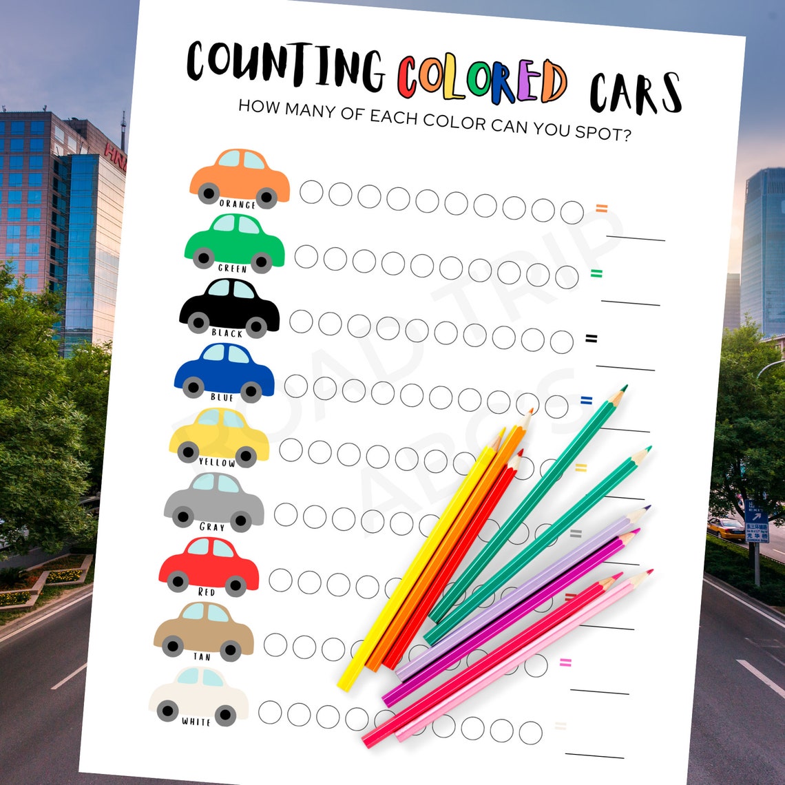 Road Trip Activity Sheet for Kids, Count Car Colors Printable Game for ...