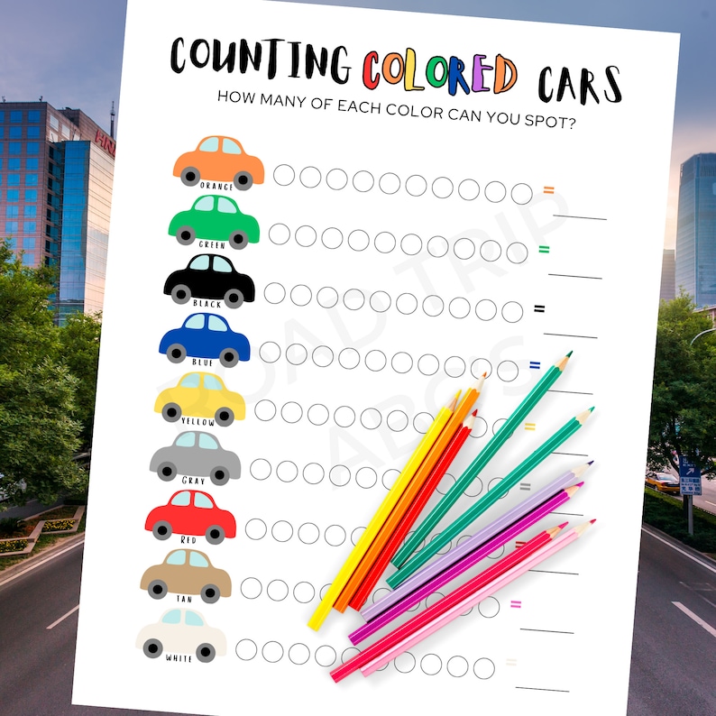 Road Trip Activity Sheet for Kids, Count Car Colors Printable Game for ...