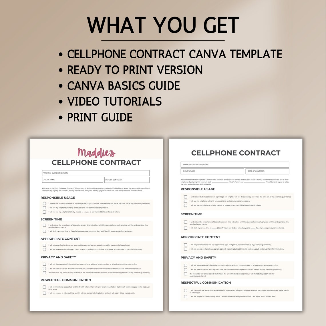 Kid/teen Cell Phone Contract: Editable Canva Template (digital Download ...