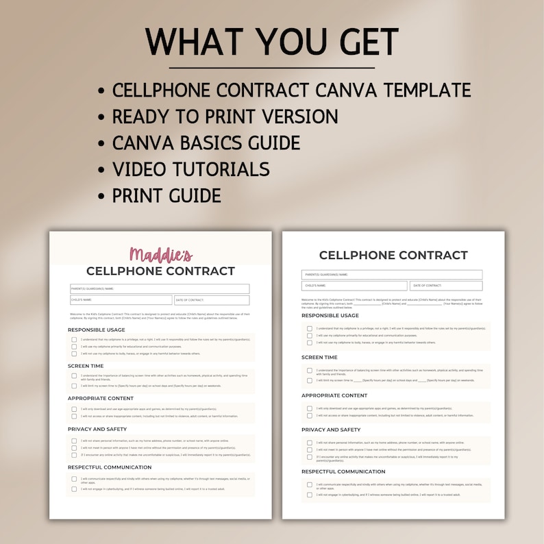 Cell Phone Contract Printable Digital Download, Editable Kid/teen Cell ...