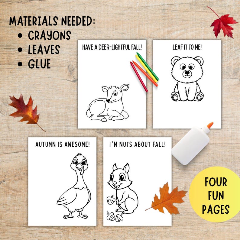 Fall Leaves Coloring Craft Printable, Autumn Leaves Forest Animal ...