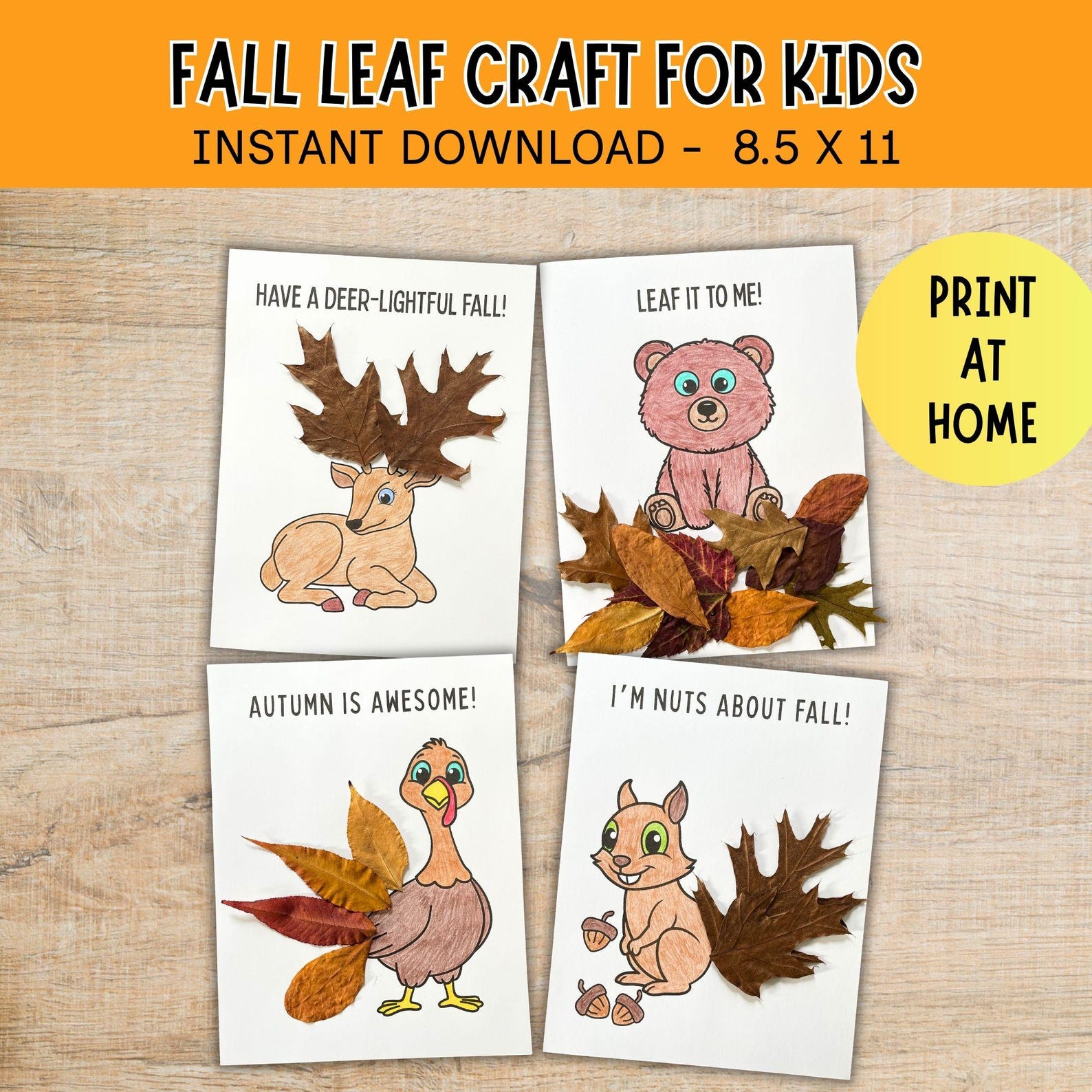 Fall Leaves Coloring Craft Printable, Autumn Leaves Forest Animal ...