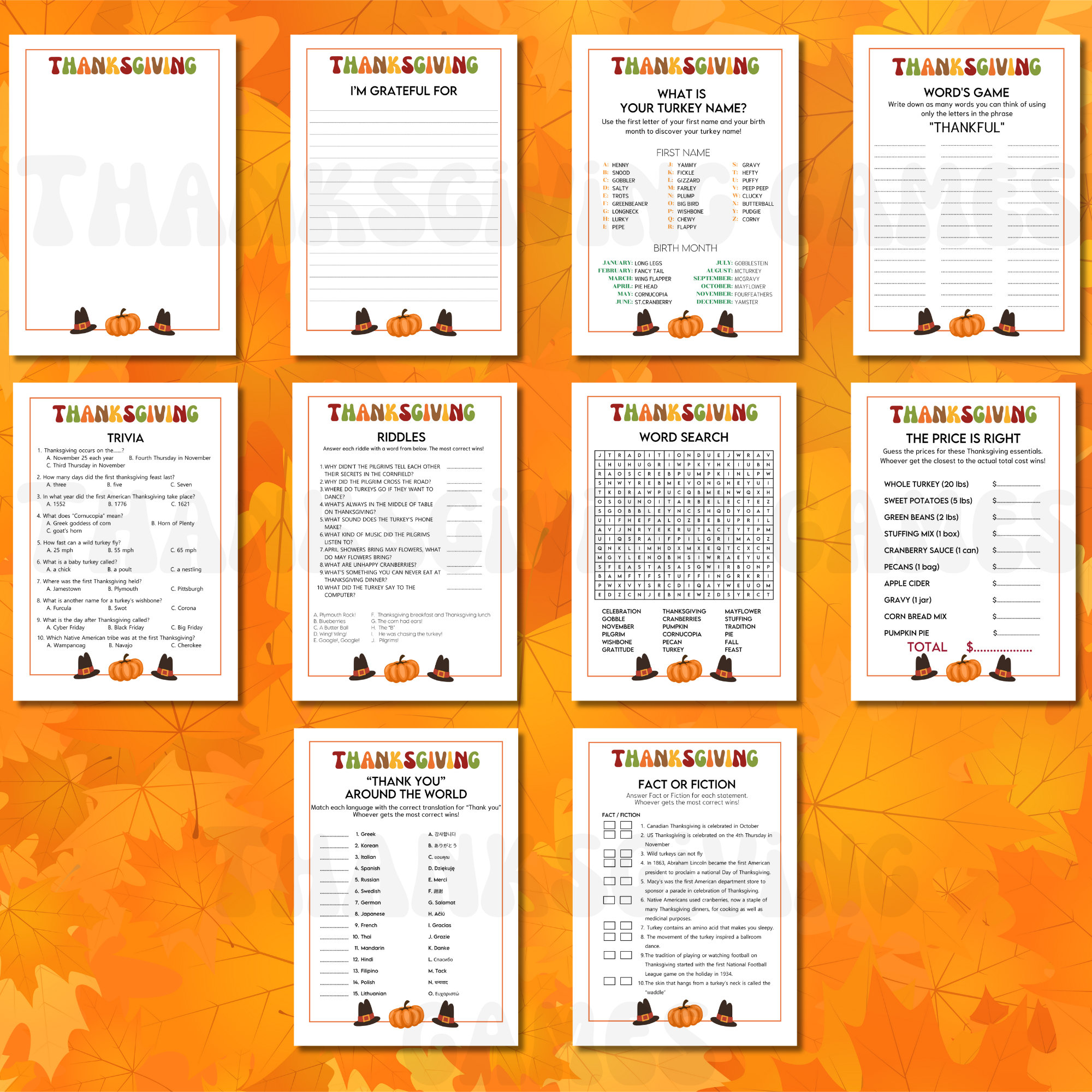 Thanksgiving Printable Games, Family Game Night, Dinner Table Games ...