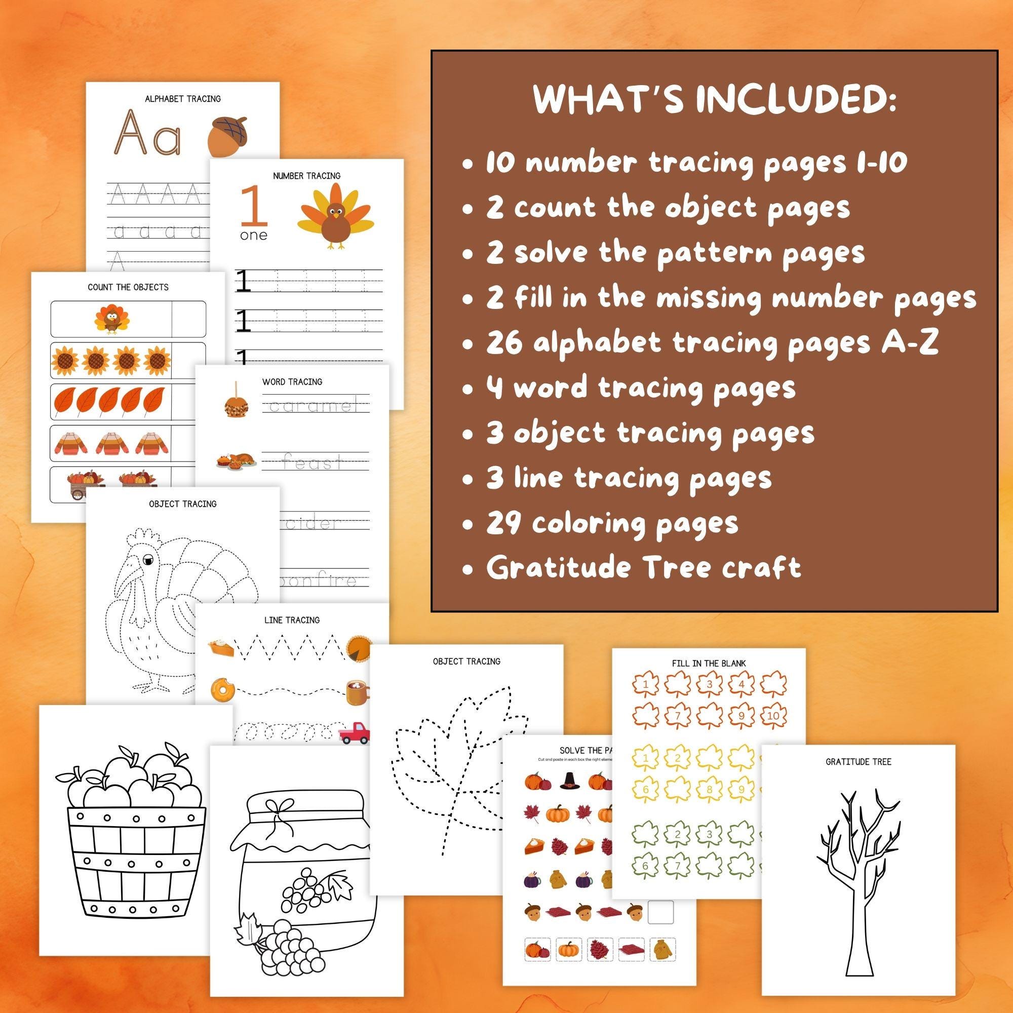 Thanksgiving Preschool ABC Worksheet Bundle Numbers Alphabet Tracing ...