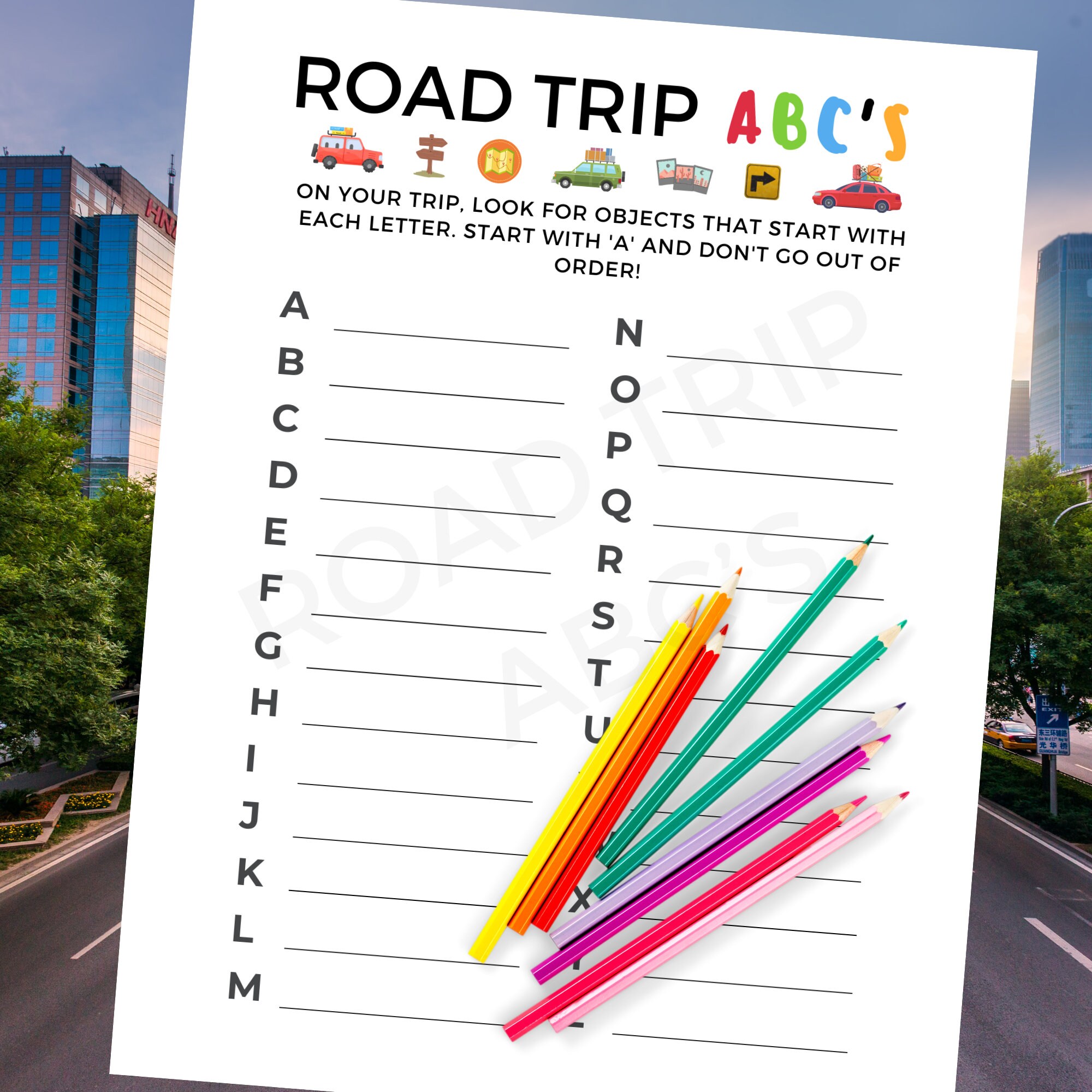 Road Trip Activity Sheet for Kids, Road Trip Abc's Printable Game for ...